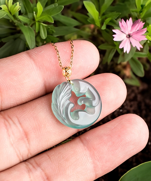 18K Gold Natural Jade Nine Tailed Fox Pendant Necklace