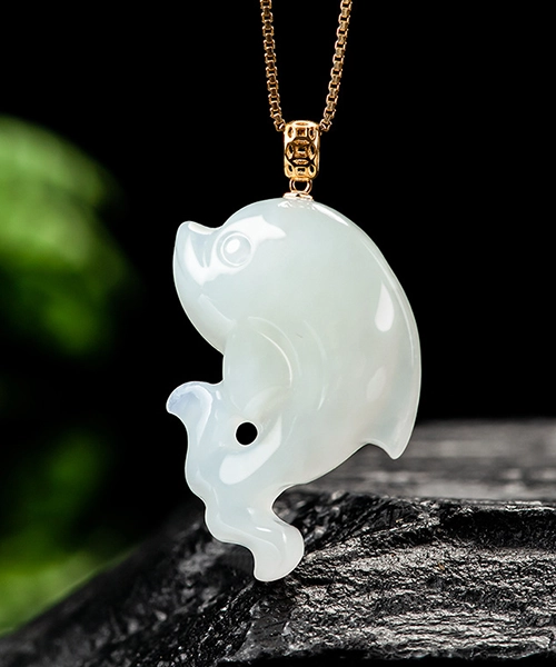18K Gold Natural Jade Dolphin Pendant